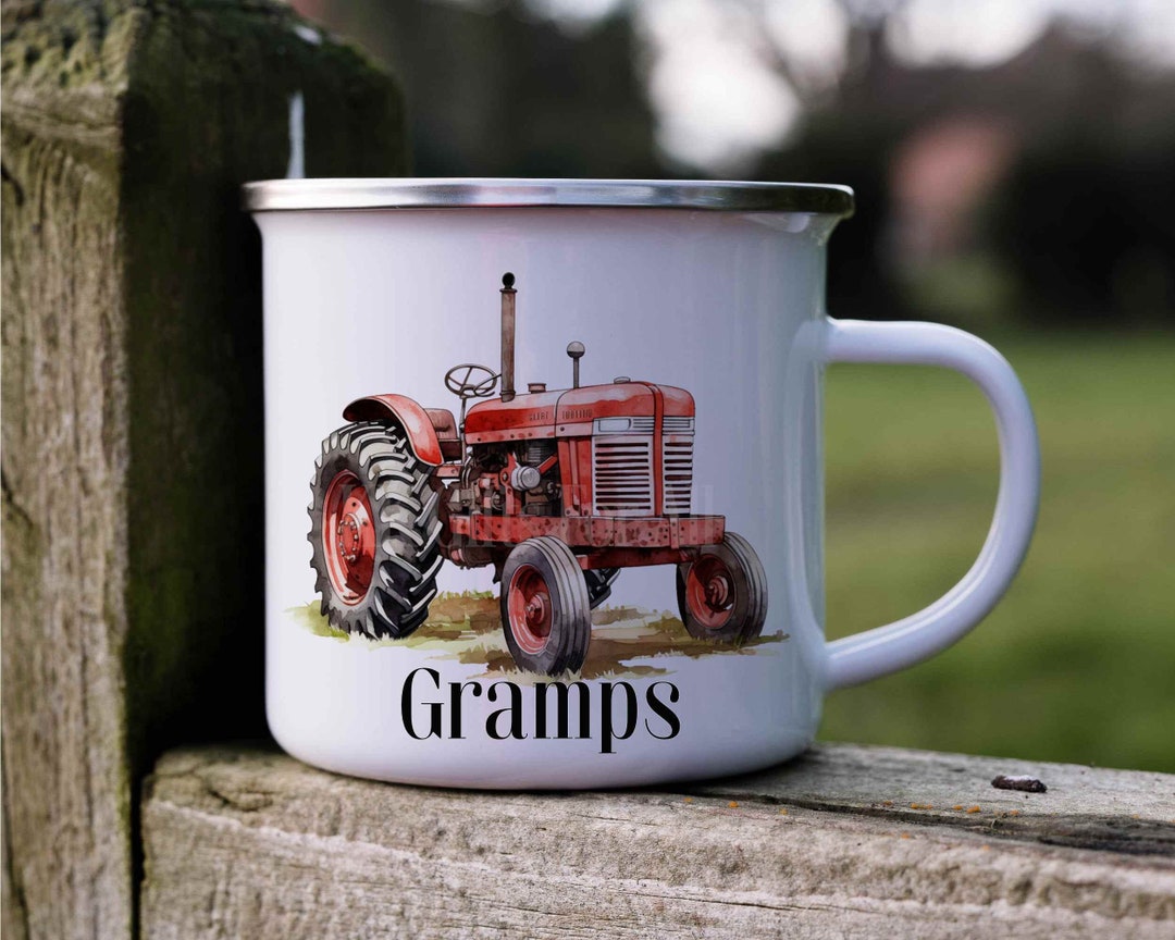 Personalised Enamel Tractor Mug, Vintage Red Tractor Gift, Metal ...