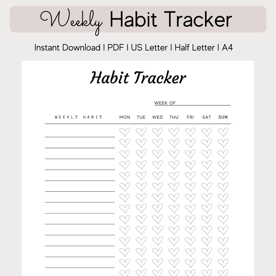 Printable Weekly Habit Tracker, Habit Checklist, Hearts, PDF, Letter ...