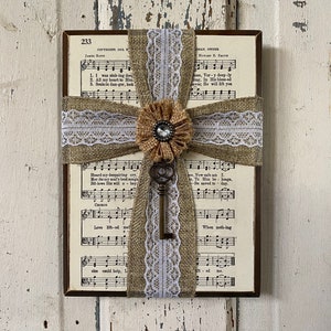 Vintage Hymn Sheet Music Wood Plaque With Ribbon Cross and Key ...