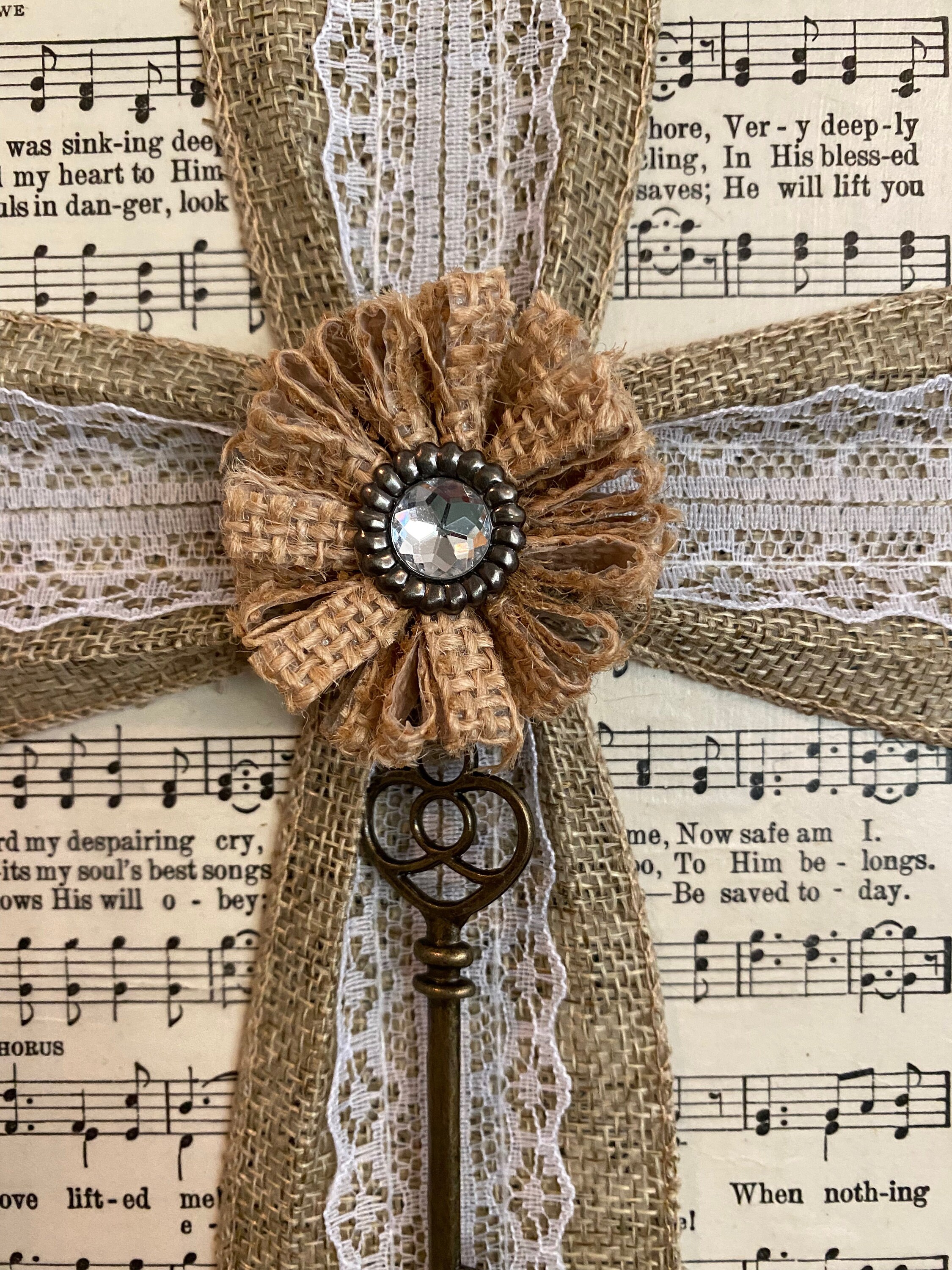 Vintage Hymn Sheet Music Wood Plaque With Ribbon Cross and Key ...