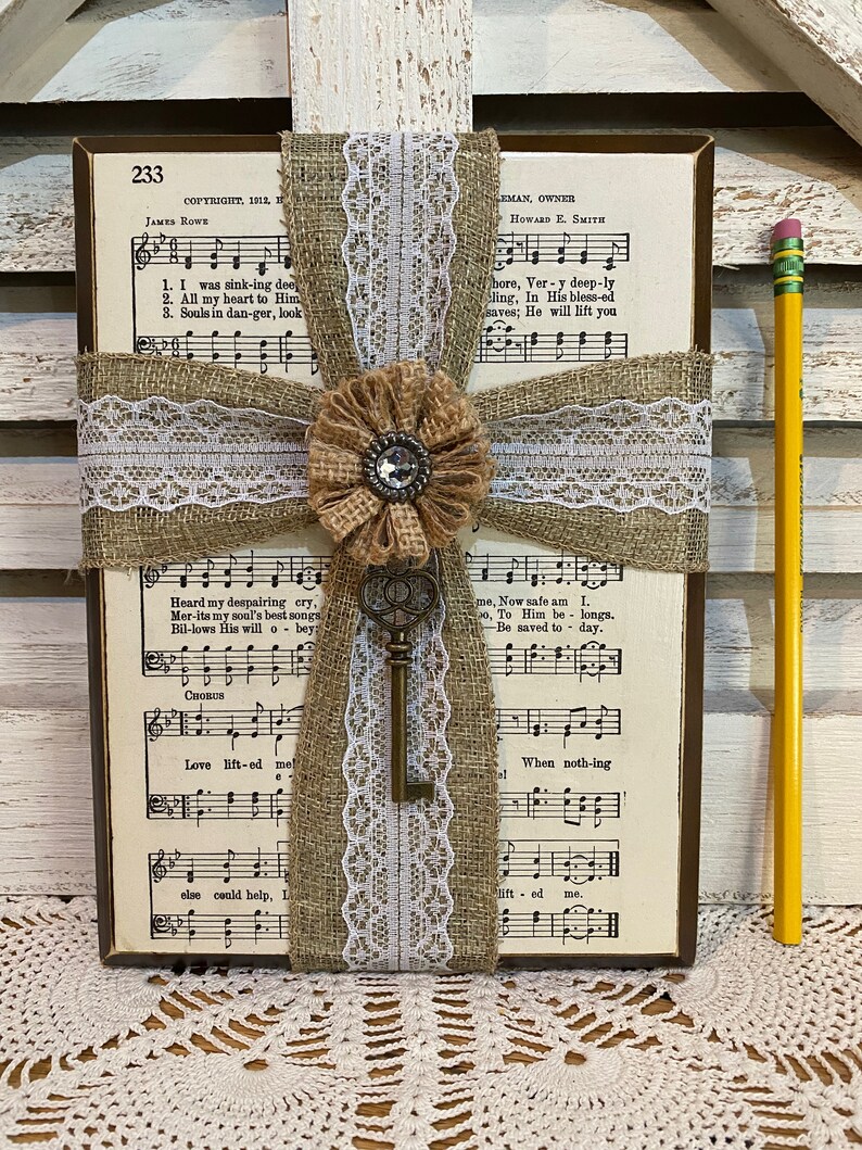 Vintage Hymn Sheet Music Wood Plaque With Ribbon Cross and Key ...