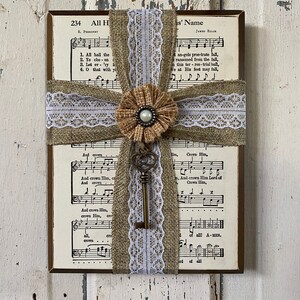 Vintage Hymn Sheet Music Wood Plaque With Ribbon Cross and Key ...