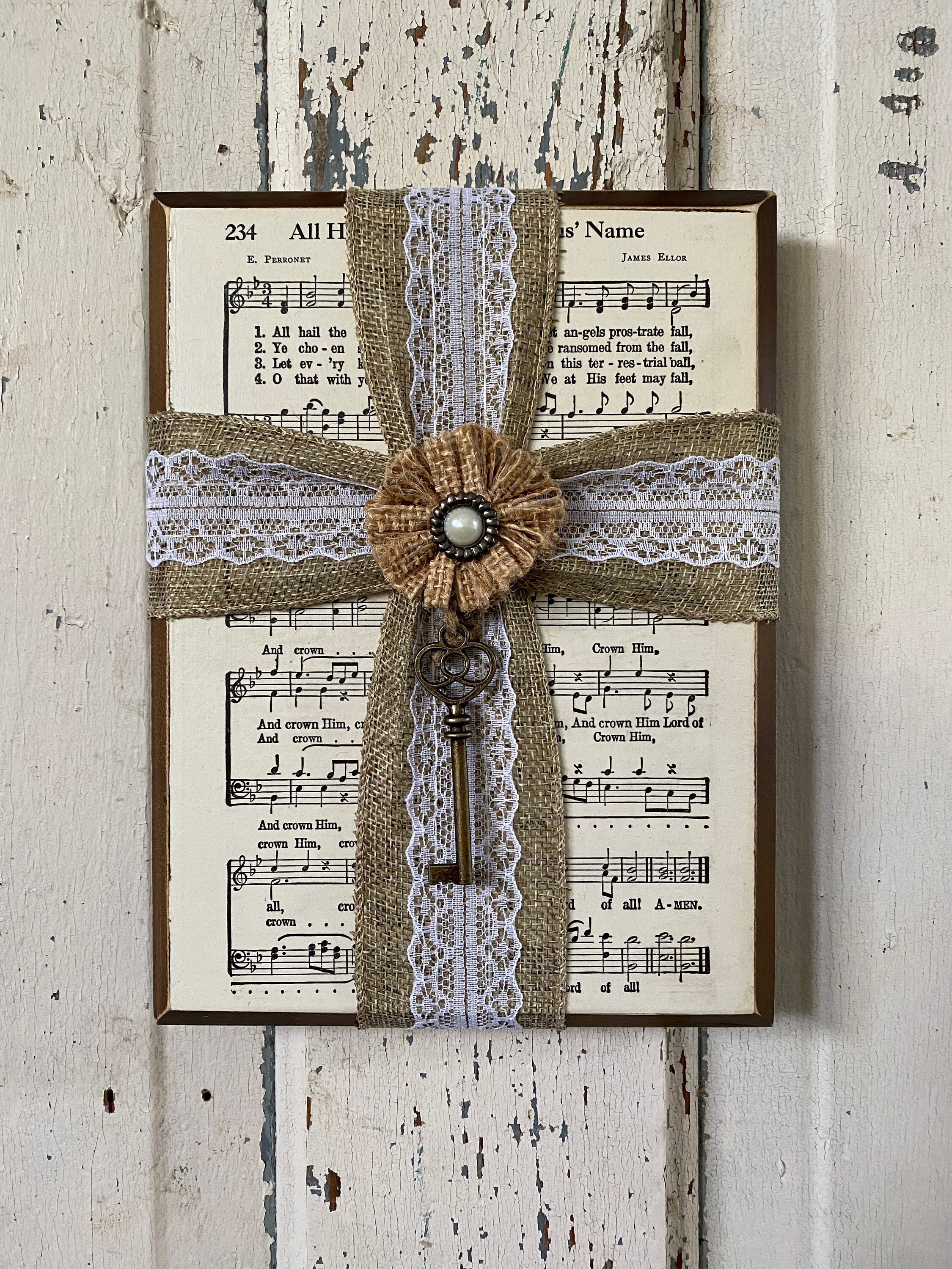 Vintage Hymn Sheet Music Wood Plaque With Ribbon Cross and Key ...