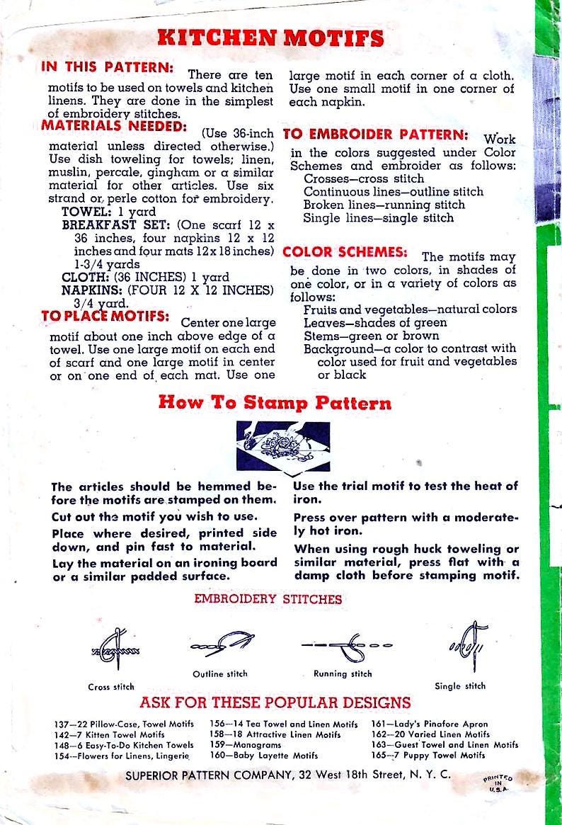 Vintage 1940s Kitchen Embroidery Designs: Fruit & Vegetable Motifs (PDF ...