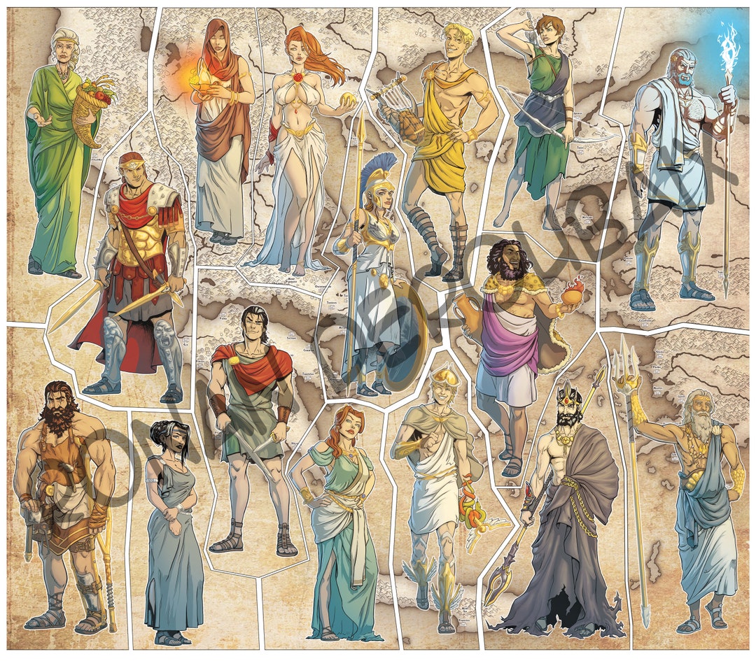 Olympian Gods Map Aphrodite Apollo Ares Artemis Athena Demeter Dionysus ...