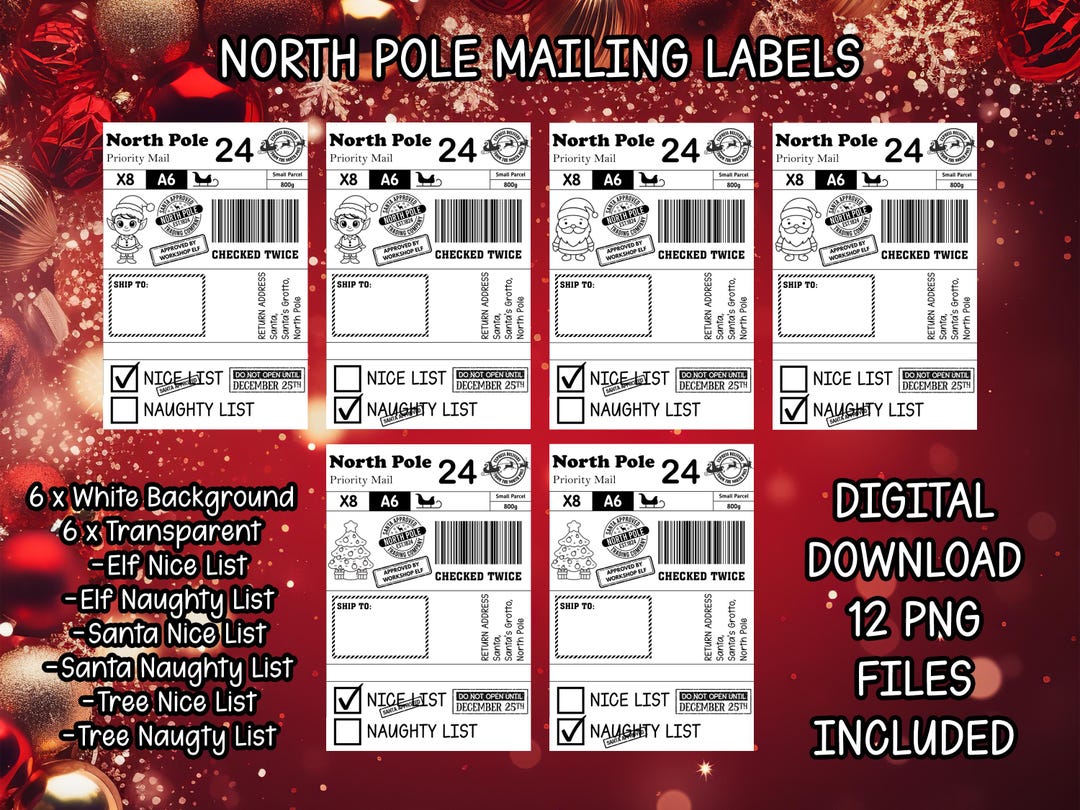 12 North Pole Mailing Labels Digital Download | Santa & Elf Nice ...