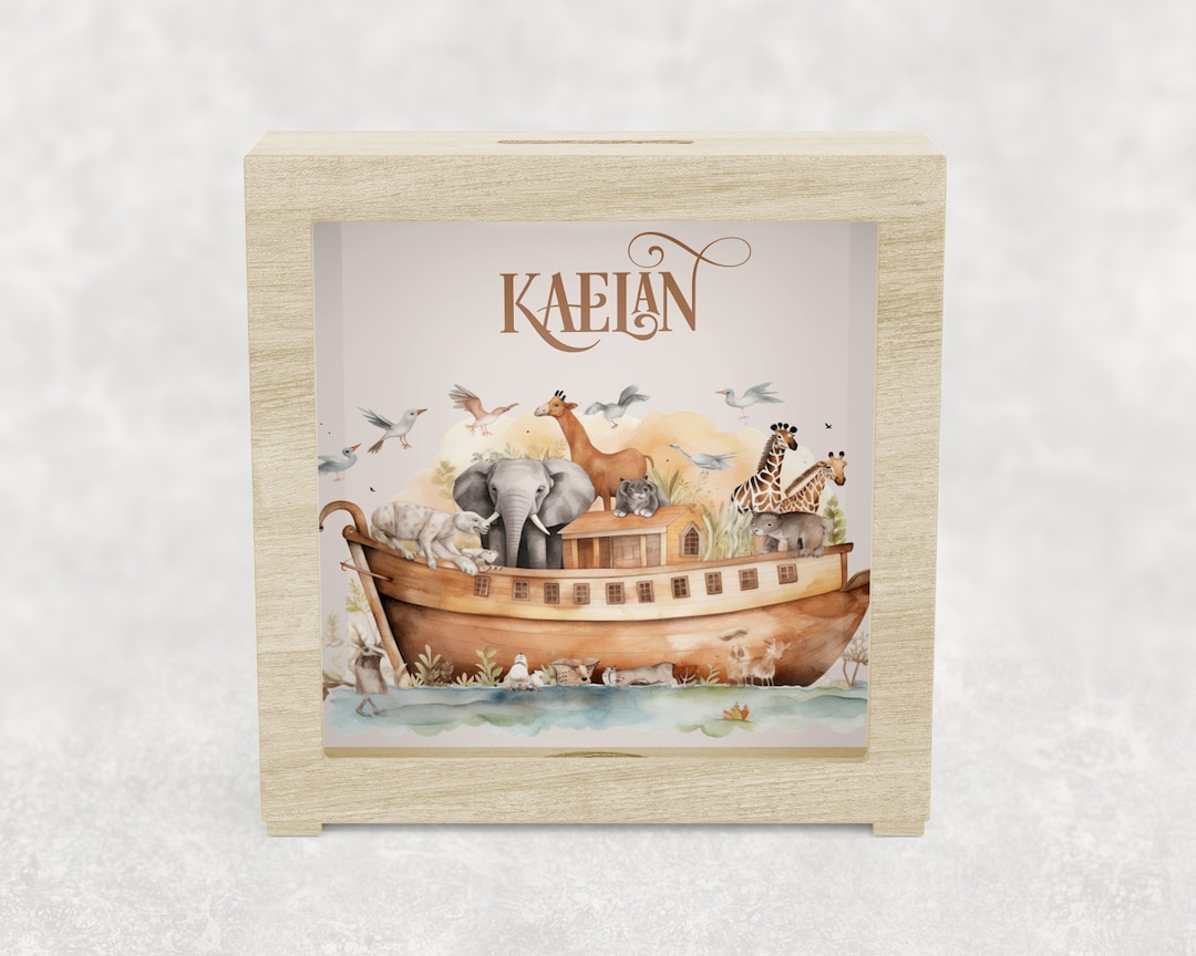Personalised Wooden Animal Money Box, Noah's Ark Coin Bank, Custom Name ...