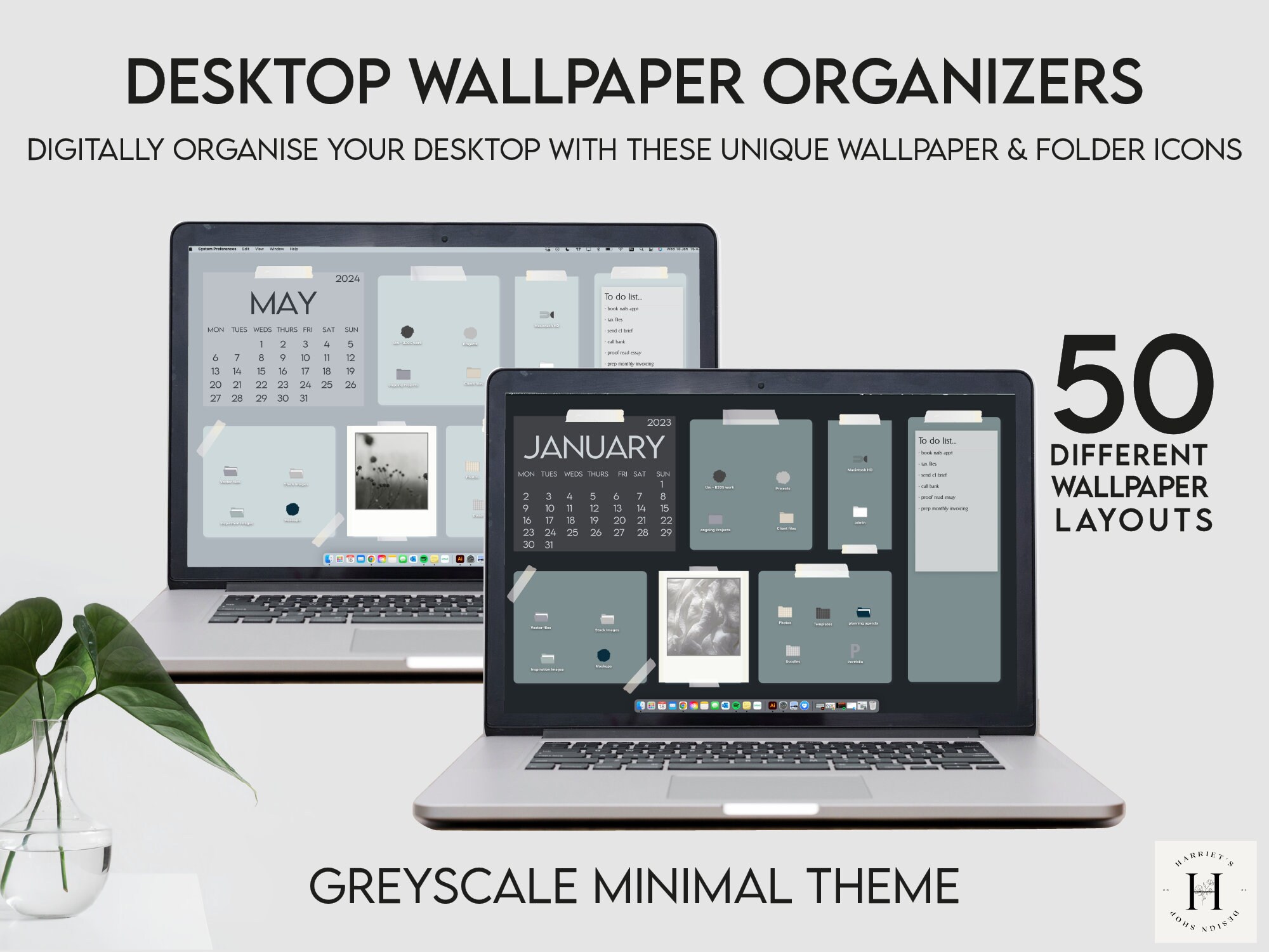 Greyscale Desktop Organizer Wallpaper Calendar 2023 Computer - Etsy