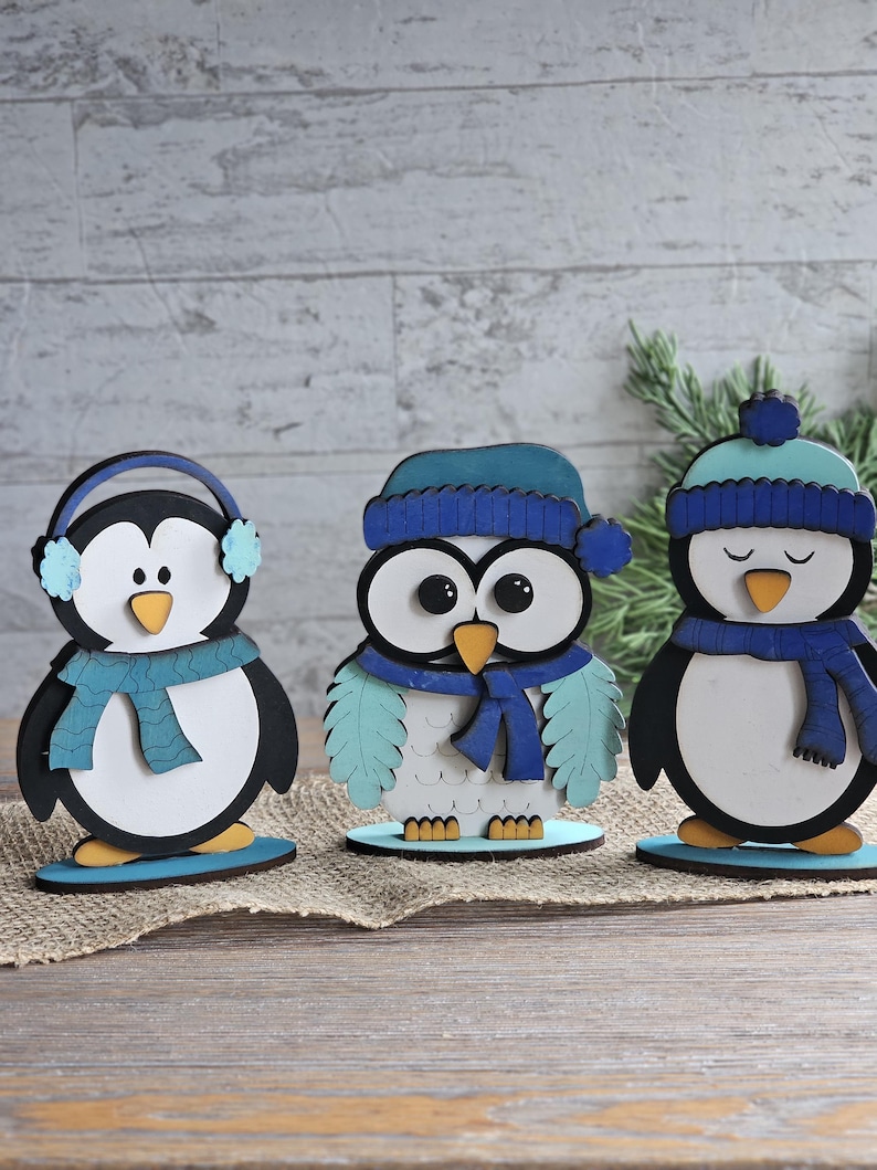 Winter Penguin Shelf Sitter, Hand-painted Wood Winter Penguin Figurine ...