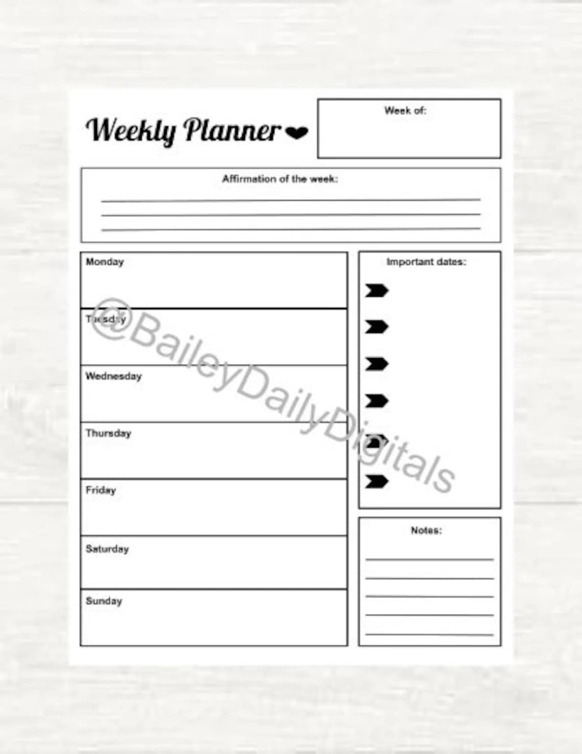 Printable Weekly Planner - White - Planner - Notes - Etsy