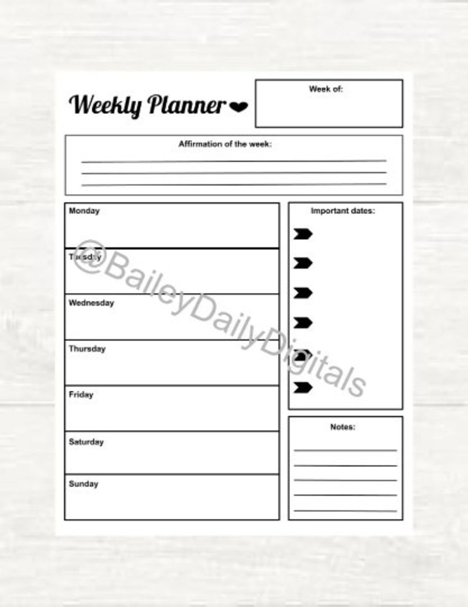 Printable Weekly Planner - White - Planner - Notes - Etsy