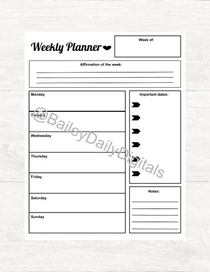 Printable Weekly Planner - White - Planner - Notes - Etsy