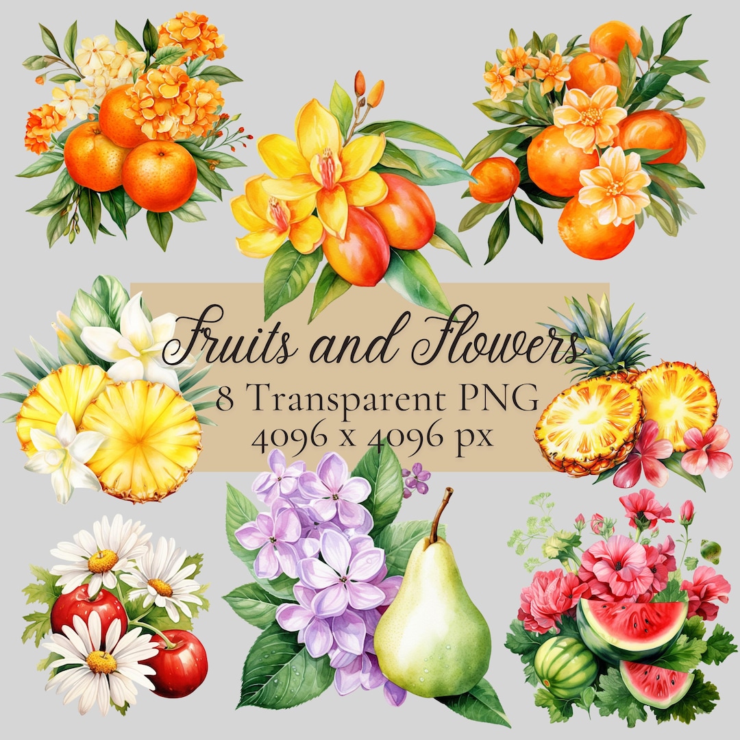 Fruity Floral Clipart, Digital Download, Fruits and Flower Clip Art ...