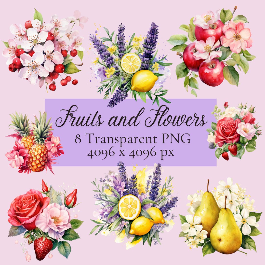 Fruity Floral Clipart, Digital Download, Fruits and Flower Clip Art ...