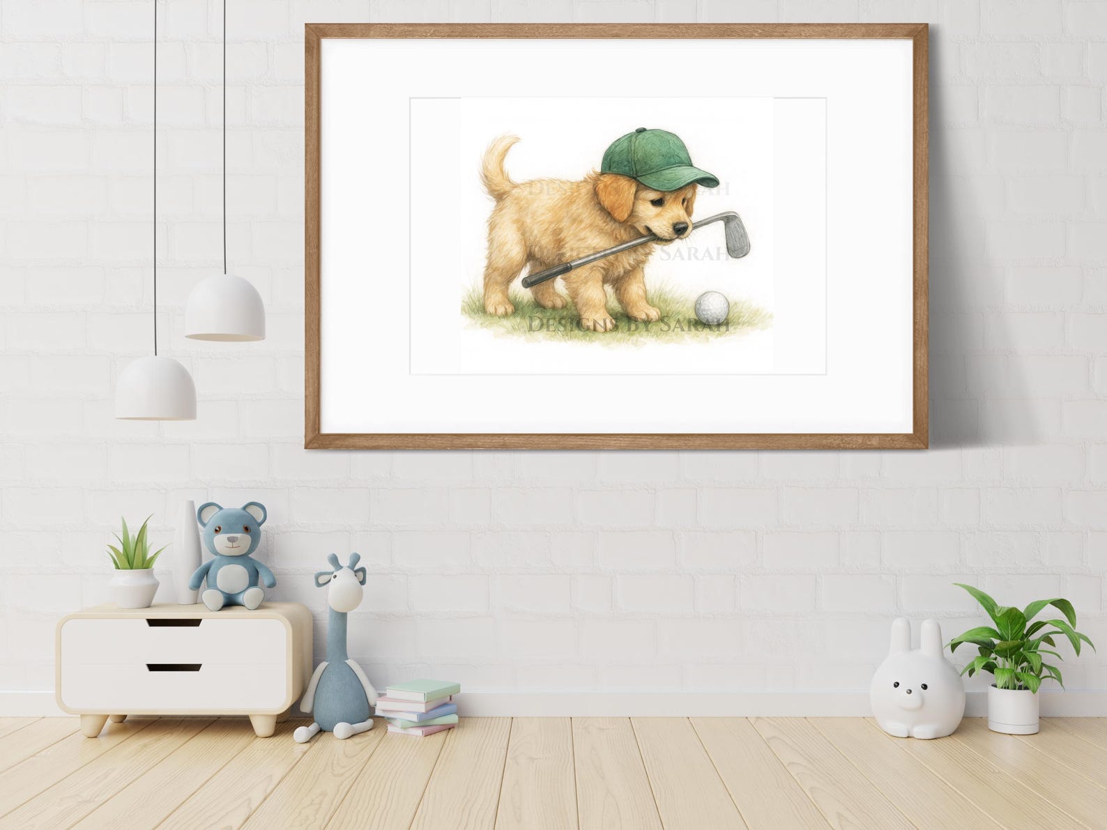 Golden Retriever Puppy Golfer Printable Wall Art, Cute Dog in Green Hat ...