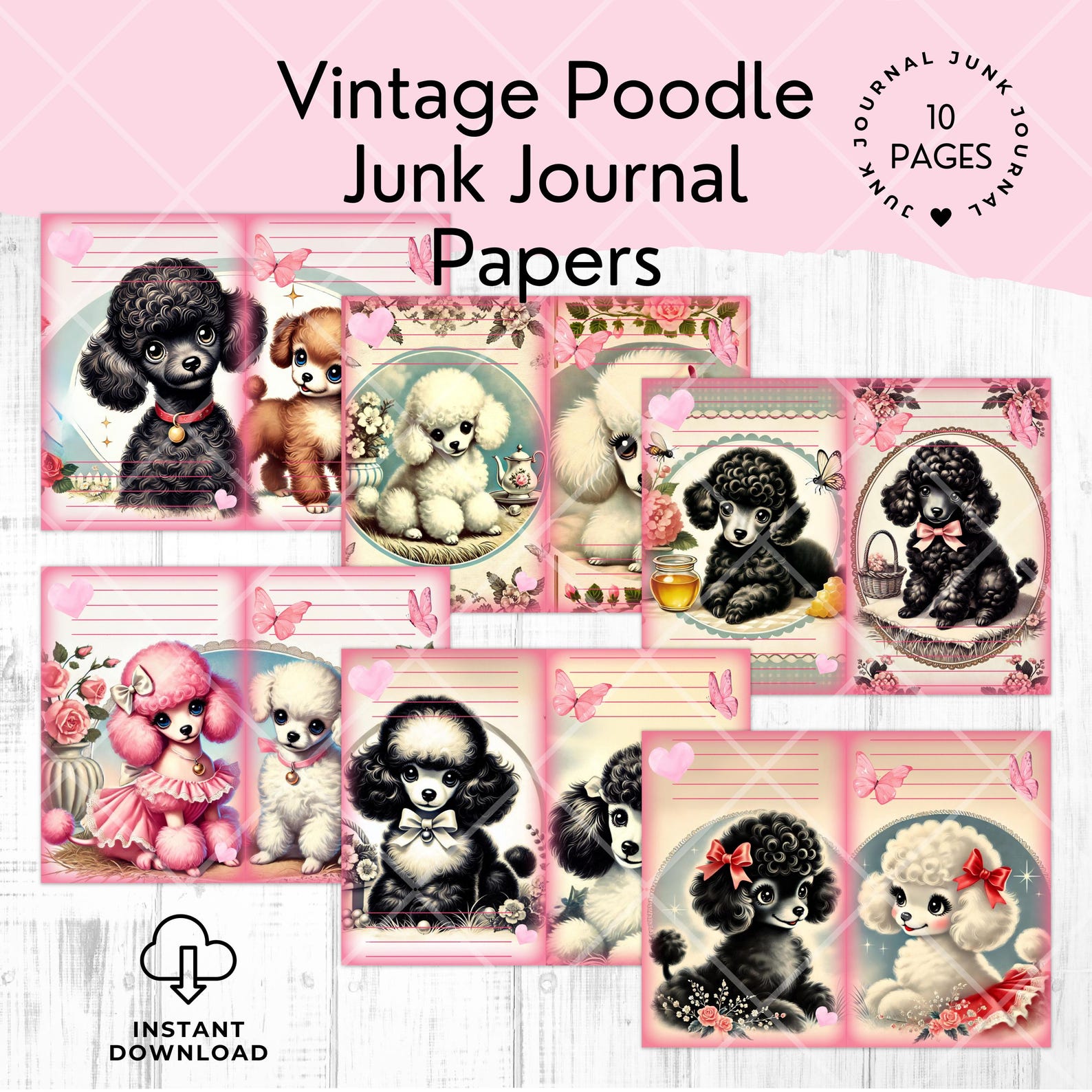 Vintage Poodle Digital Junk Journal Pages Printable Stationery DIY ...