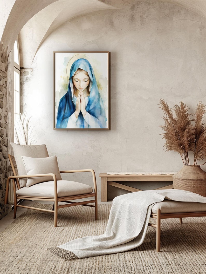 Printable Watercolor Art of Mary in Prayer - Christian Digital Wall Art ...