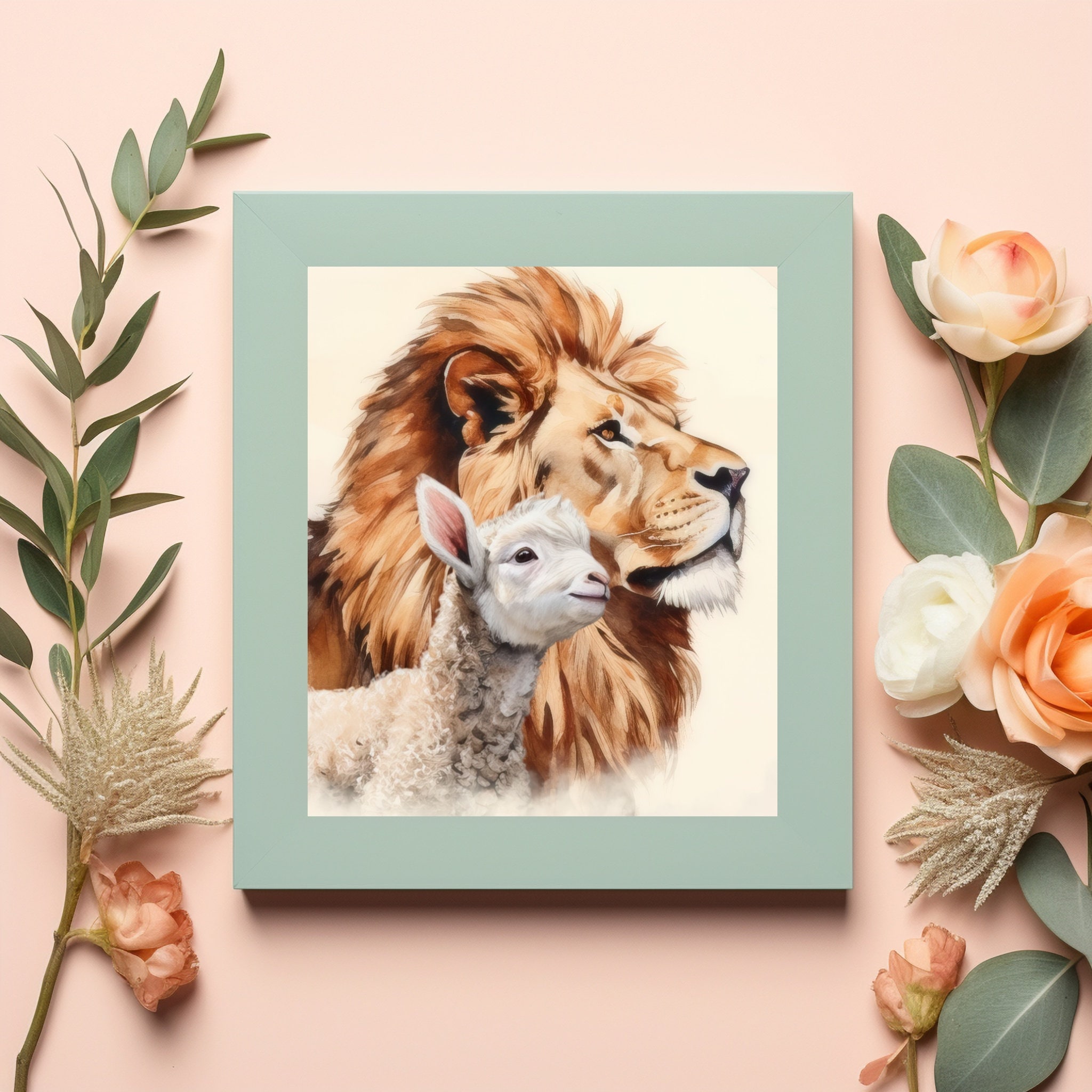 Lion and Lamb Watercolor Art Print Instant Digital Download, Christian ...