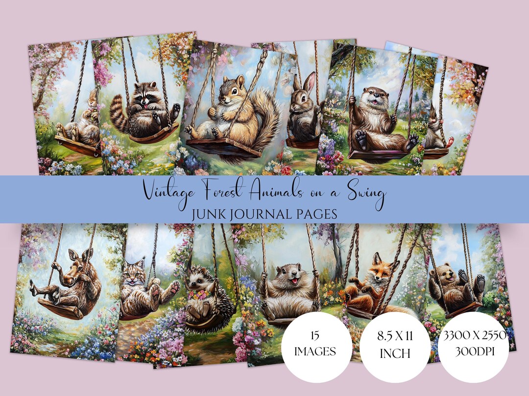 Vintage Forest Animals on a Swing Printable Journal Pages Cute Woodland ...