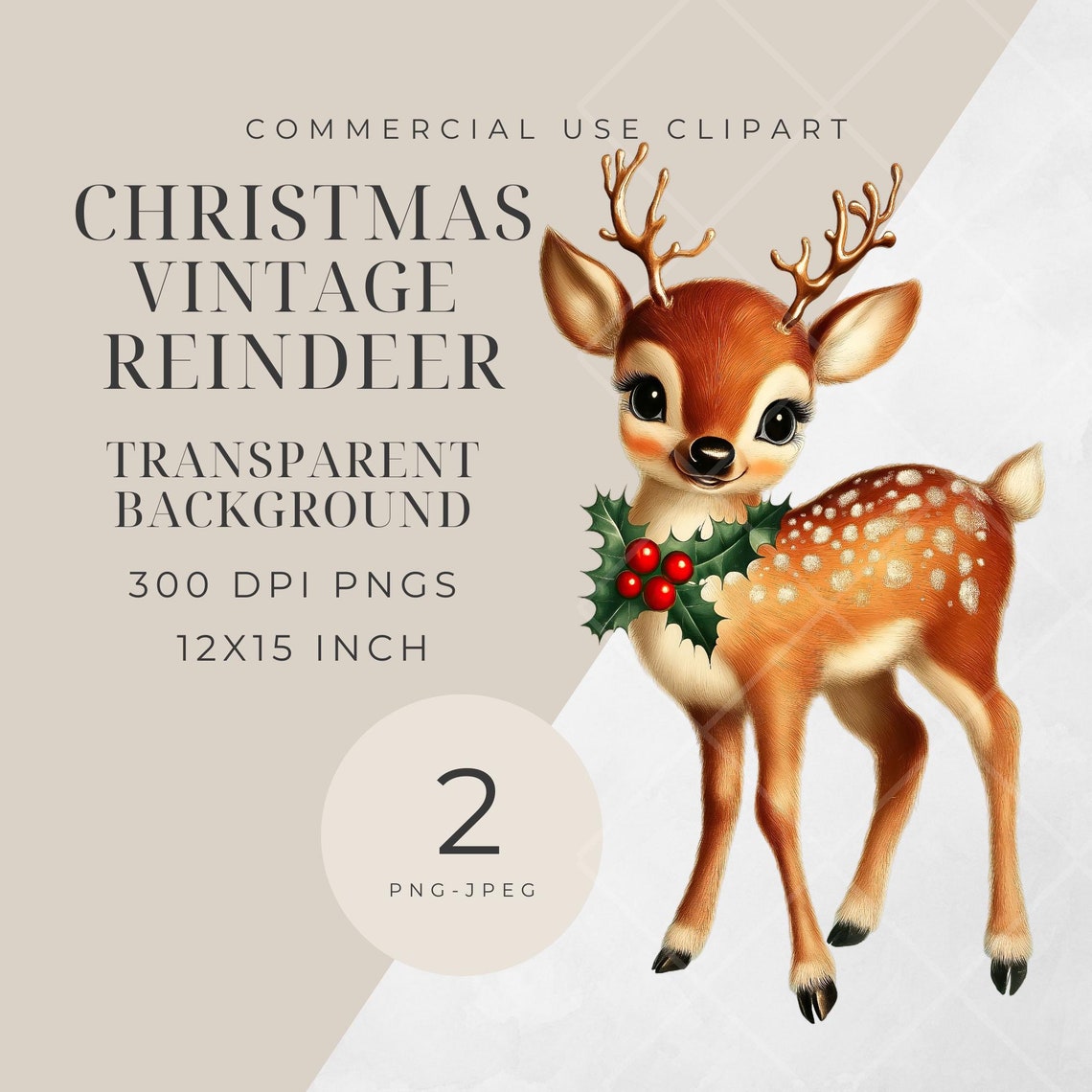 Vintage Christmas Reindeer Clipart: Retro Deer PNG (digital Download ...