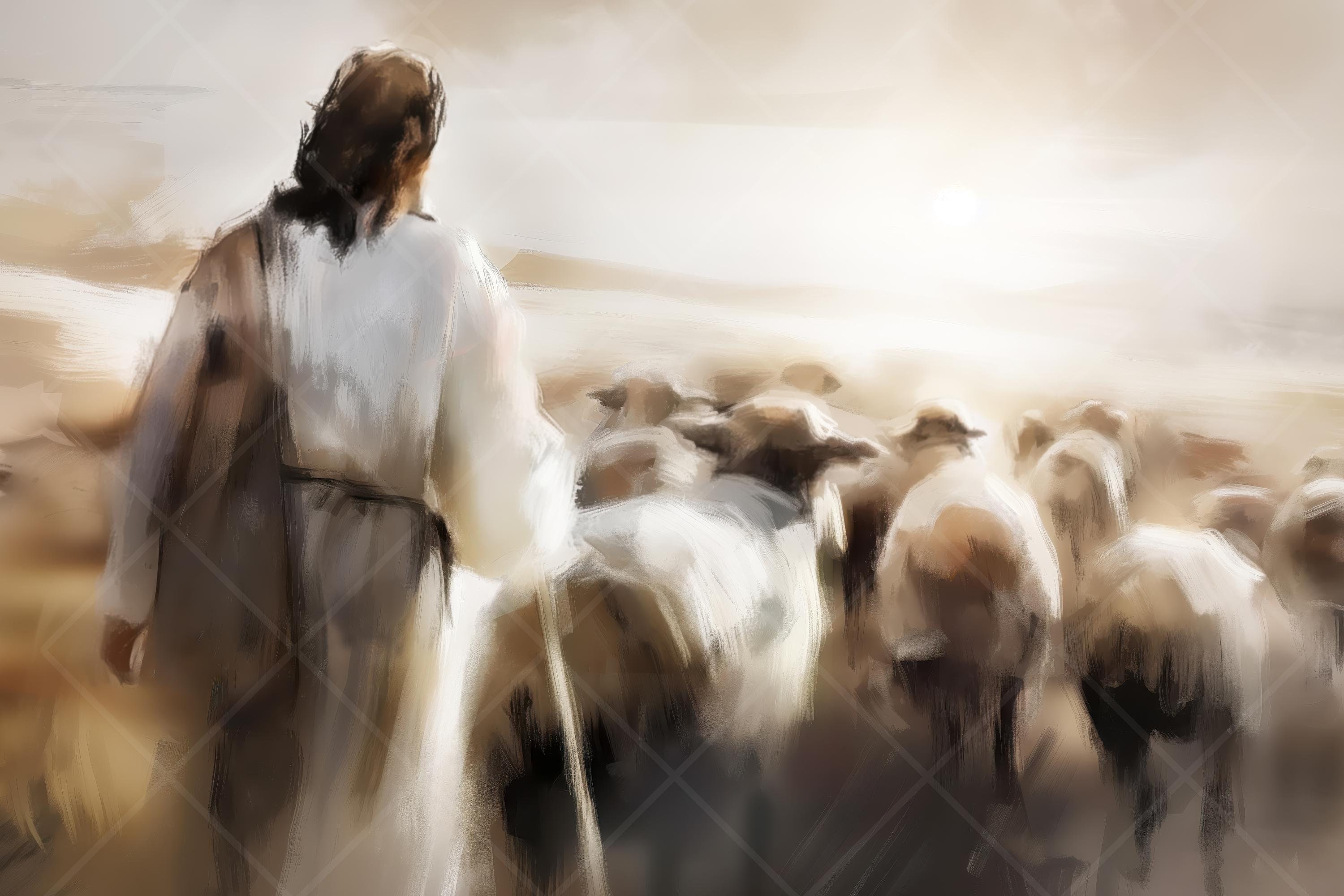 Jesus the Good Shepherd With Sheep. Watercolor Art, Biblical Landscape ...