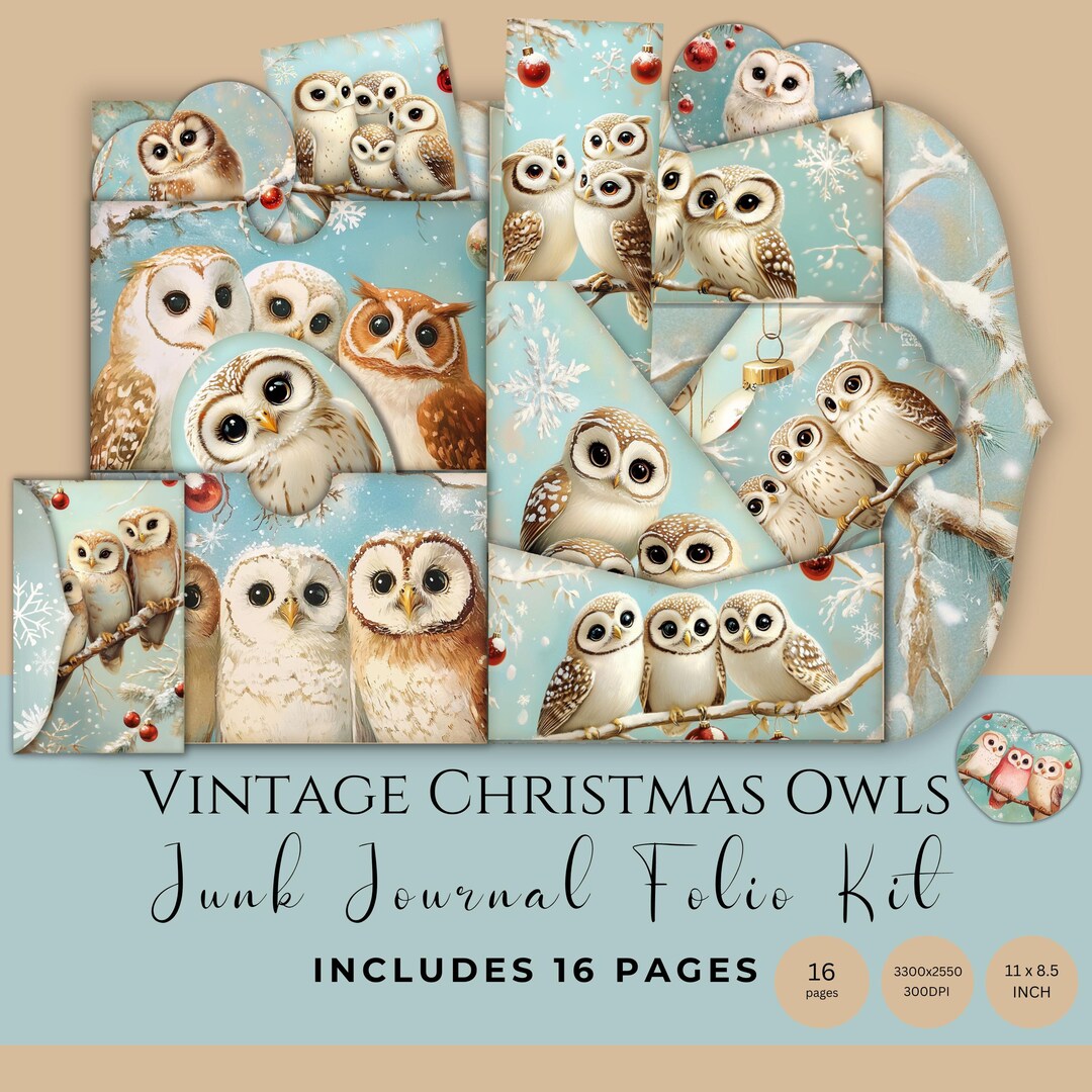 Vintage Owl Christmas Junk Journal Kit, Printable Holiday Owls and ...