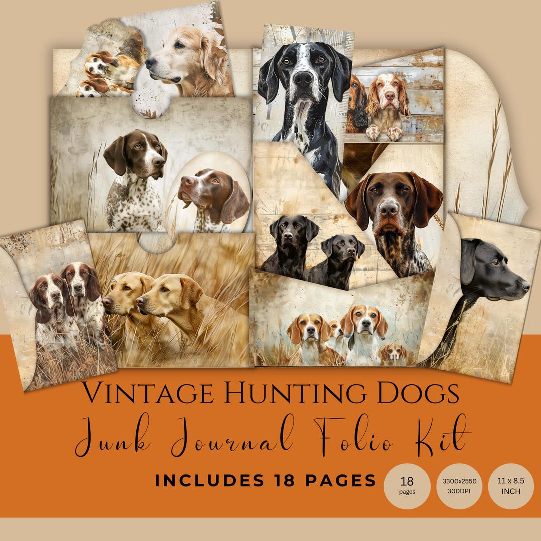 Vintage Hunting Dog Folio, Junk Journal Pages, Digital Download ...