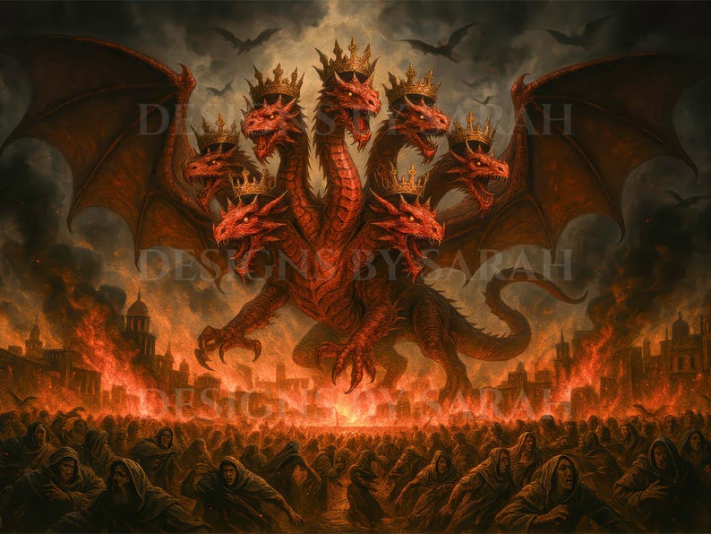 Revelation Dragon Seven Heads Crowned Biblical Wall Art, Prophetic End ...