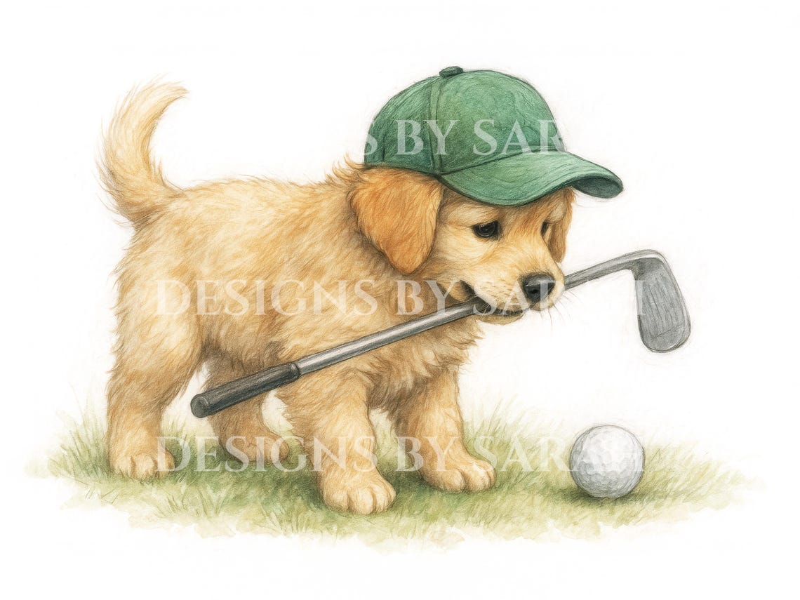 Golden Retriever Puppy Golfer Printable Wall Art, Cute Dog in Green Hat ...