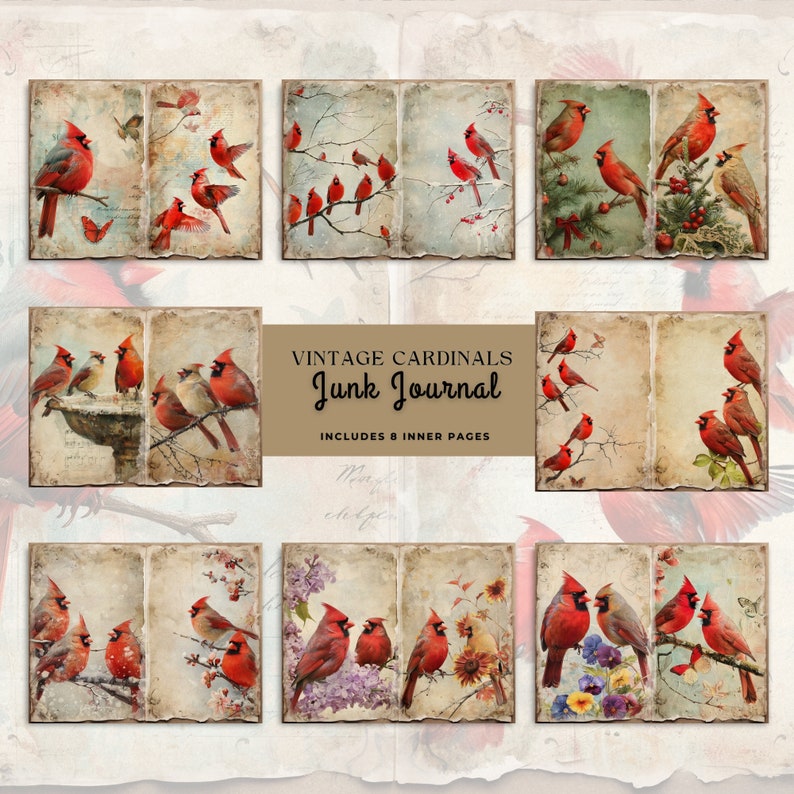 Vintage Cardinal Red Bird Junk Journal Papers, 8 Beautiful Printable ...