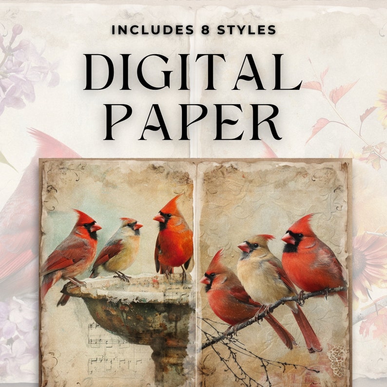 Vintage Cardinal Red Bird Junk Journal Papers, 8 Beautiful Printable ...