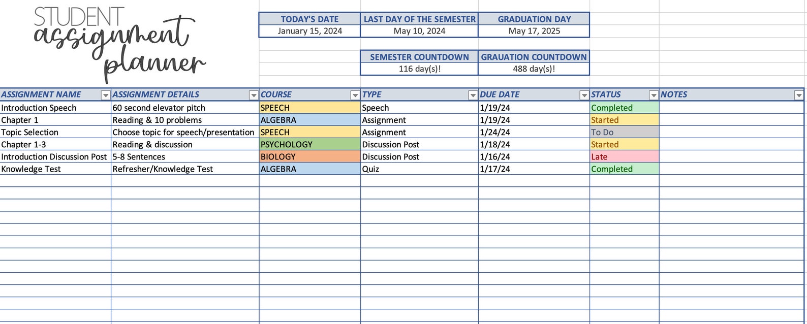 Student Assignment Planner - Etsy