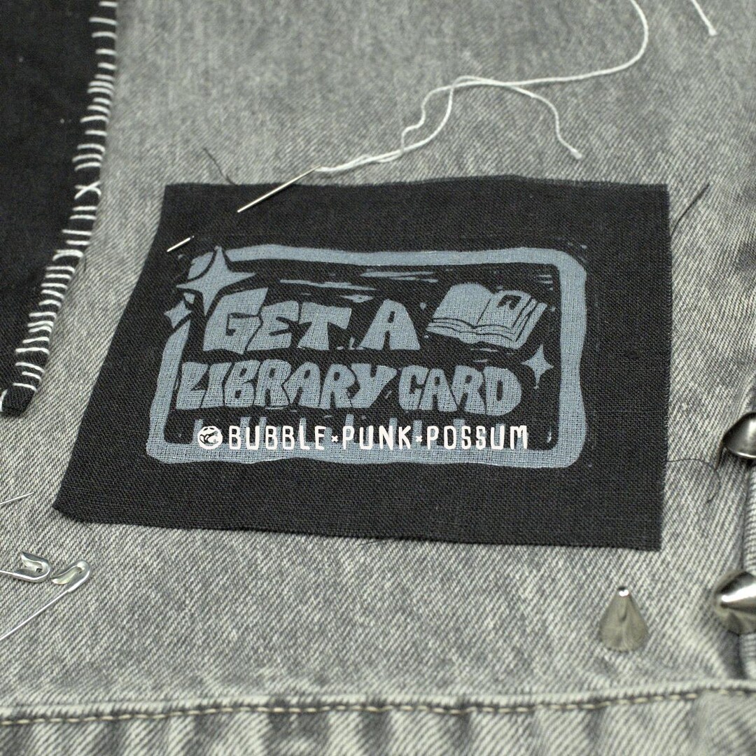 Get A Library Card Patch - Linen Linocut Punk Patch - Etsy
