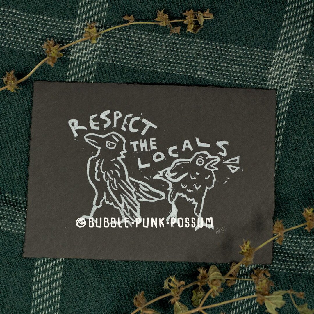 Crow Print: Respect the Locals - Black and White Linocut Block Print ...