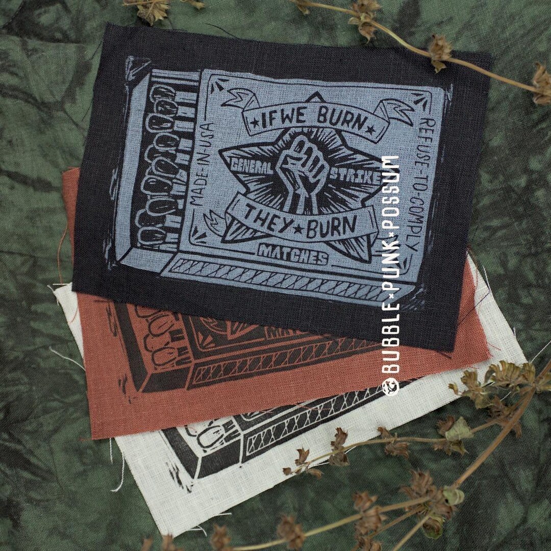 General Strike Matchbox Patch: Linocut Printed Linen Punk Patch - Etsy