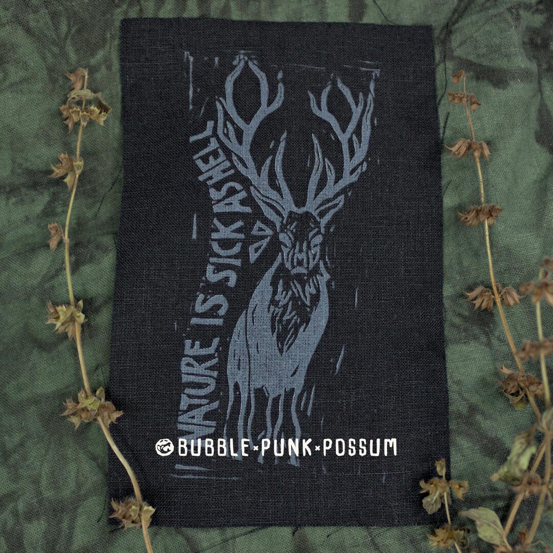Elk Patch: Nature is Sick as Hell - Linocut Printed Linen Punk Patch - Etsy