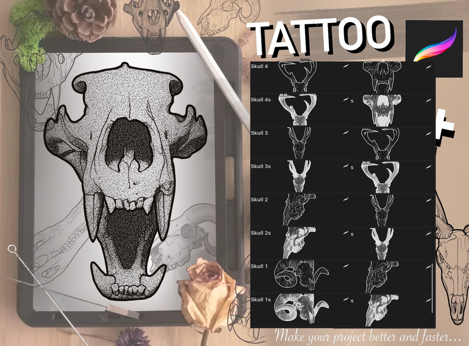 40+ Animal Skull Stamps With Dotwork Shading SUPER SET (21+ Kind of ...