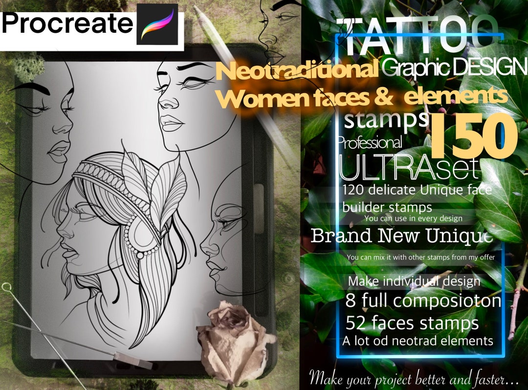 150 Neotraditional Women Face Builder – Procreate Stamp Set for Tattoo ...