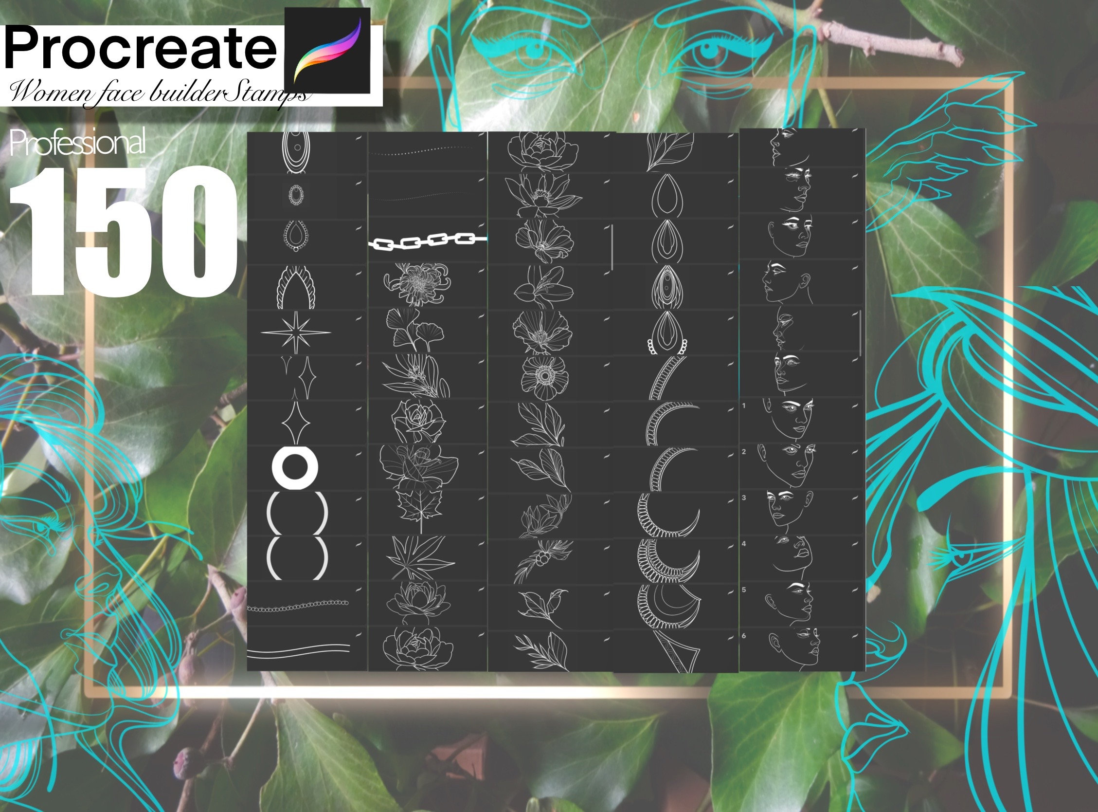 150 Neotraditional Women Face Builder – Procreate Stamp Set for Tattoo ...