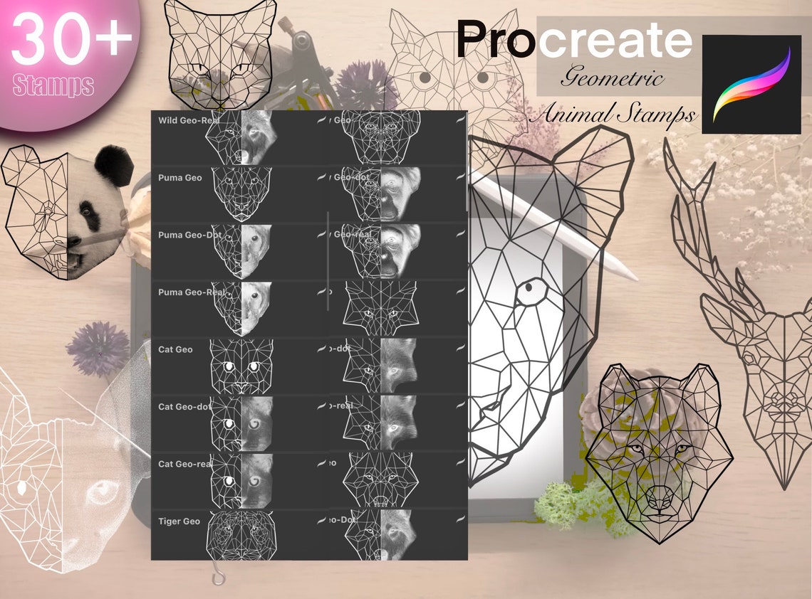 30 Geometric Animals Stamps & Dotwork 12 Kinds of Animals - Etsy