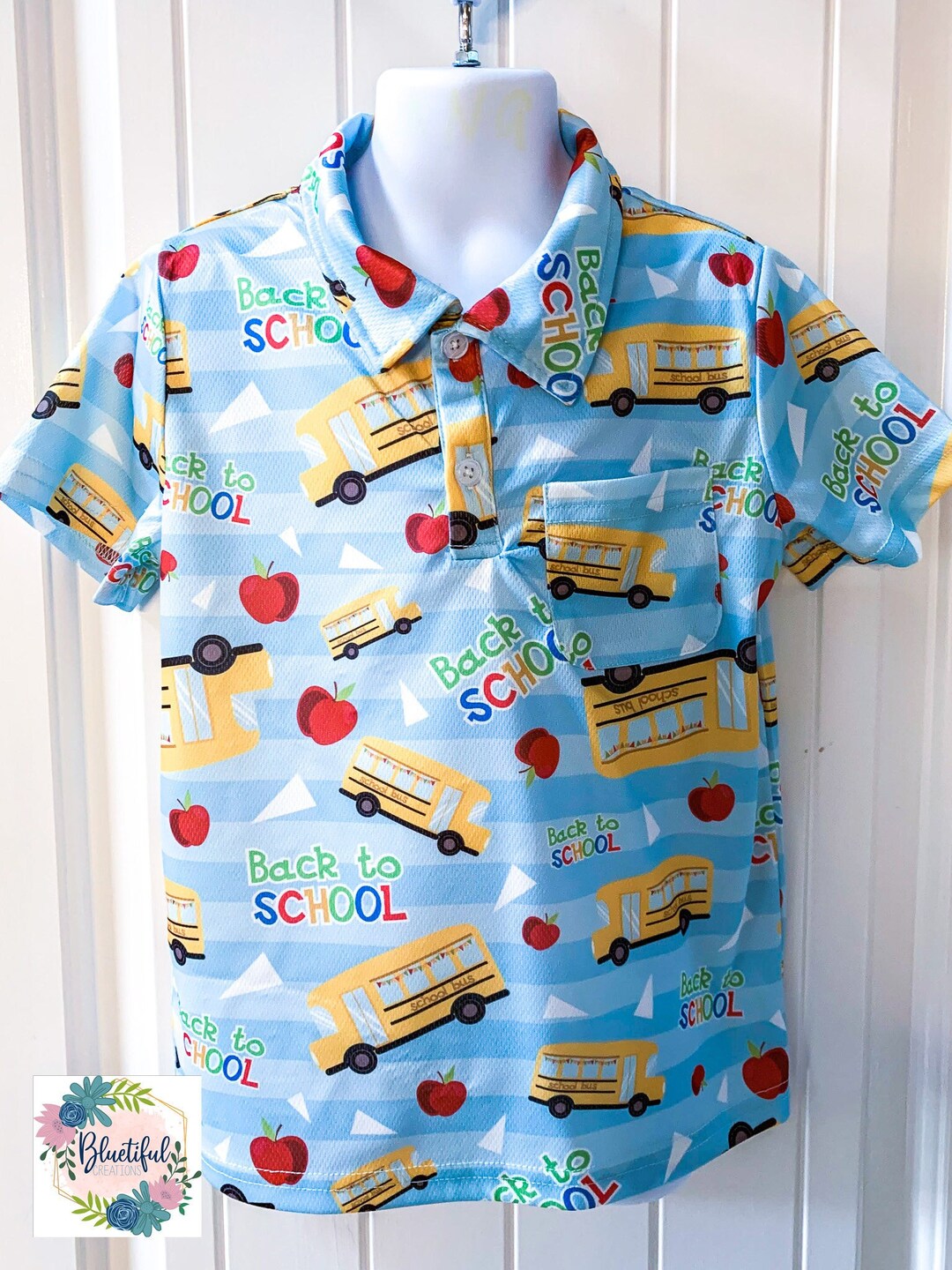 Kindergarten Back to School Boy Polo, Mesh Polo With School Bus and Red ...