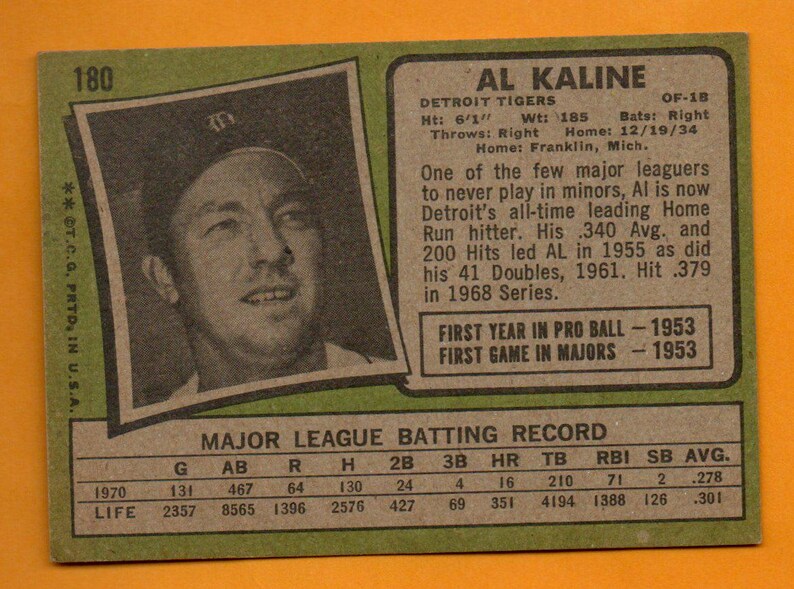 Al Kaline 1971 Topps Card 180 Detroit Tigers HOF Outfielder and ...