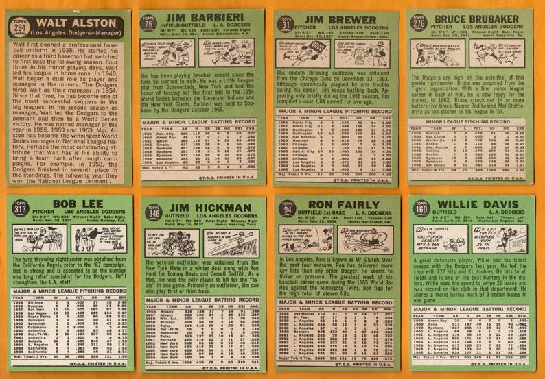 Lotto di 15 carte Topps Los Angeles Dodgers del 1967 Davis Fairly ...