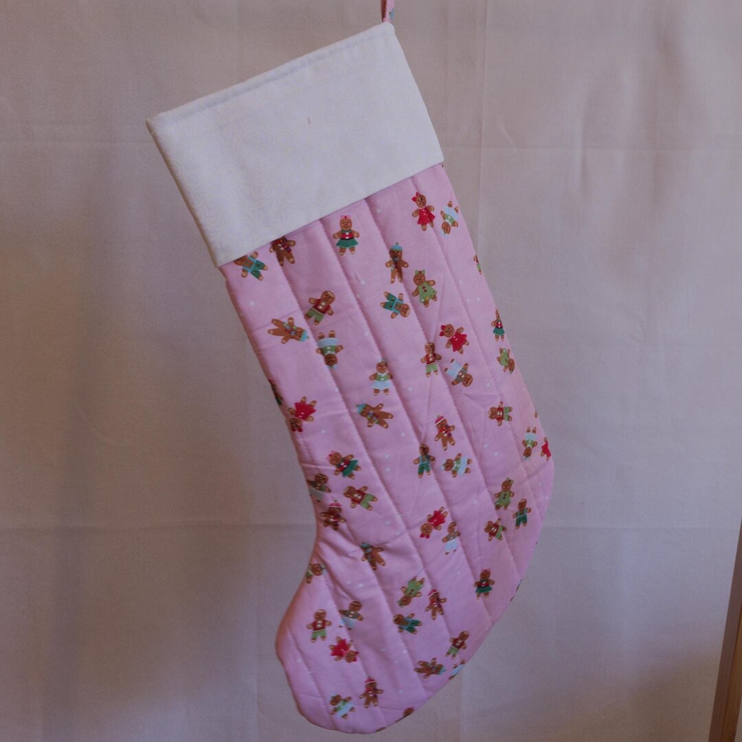 Pink Gingerbread Man Christmas Stocking, 100% Handmade Quilted Cotton ...