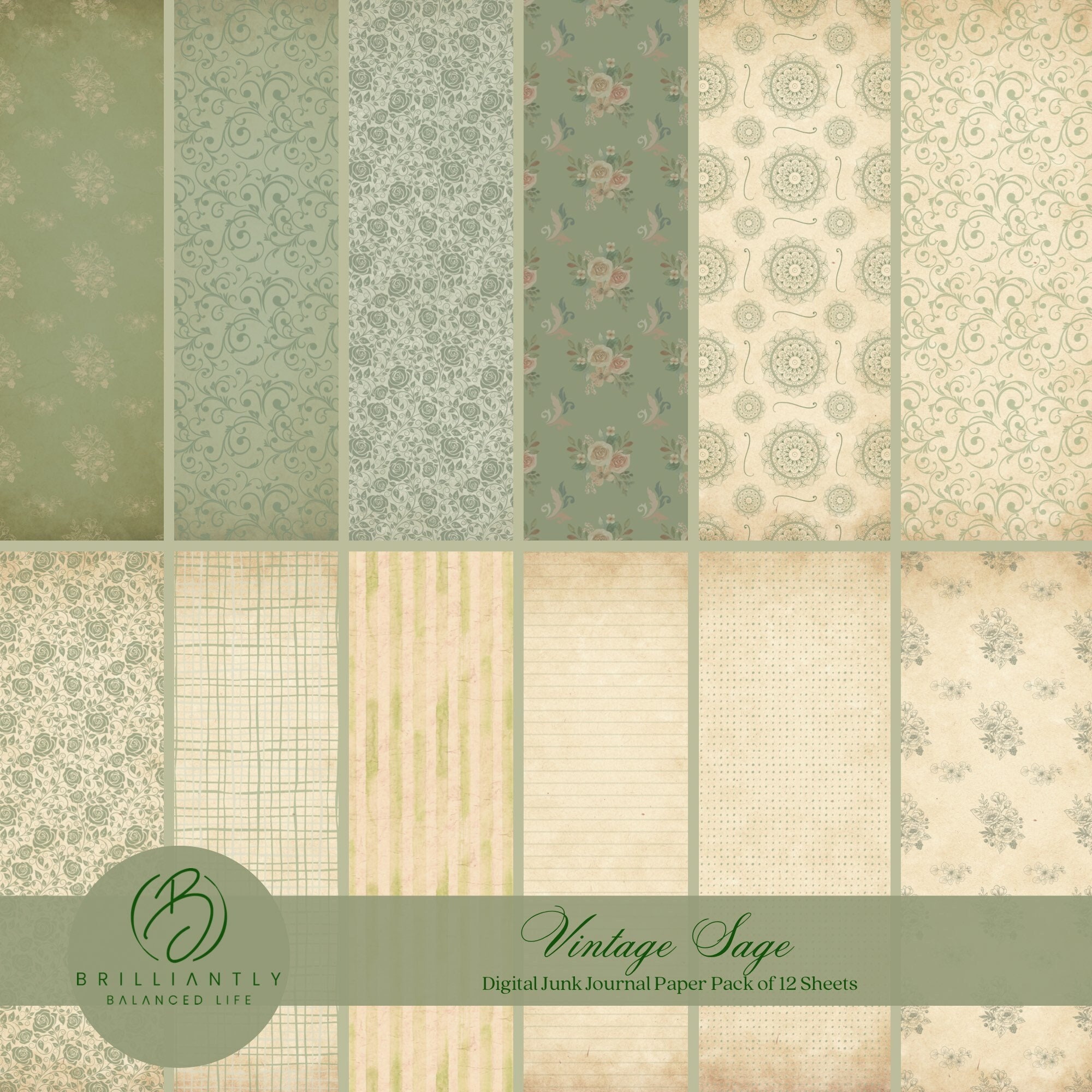 Vintage Sage Junk Journal Digital Paper Pack | Junk Journal Supplies ...