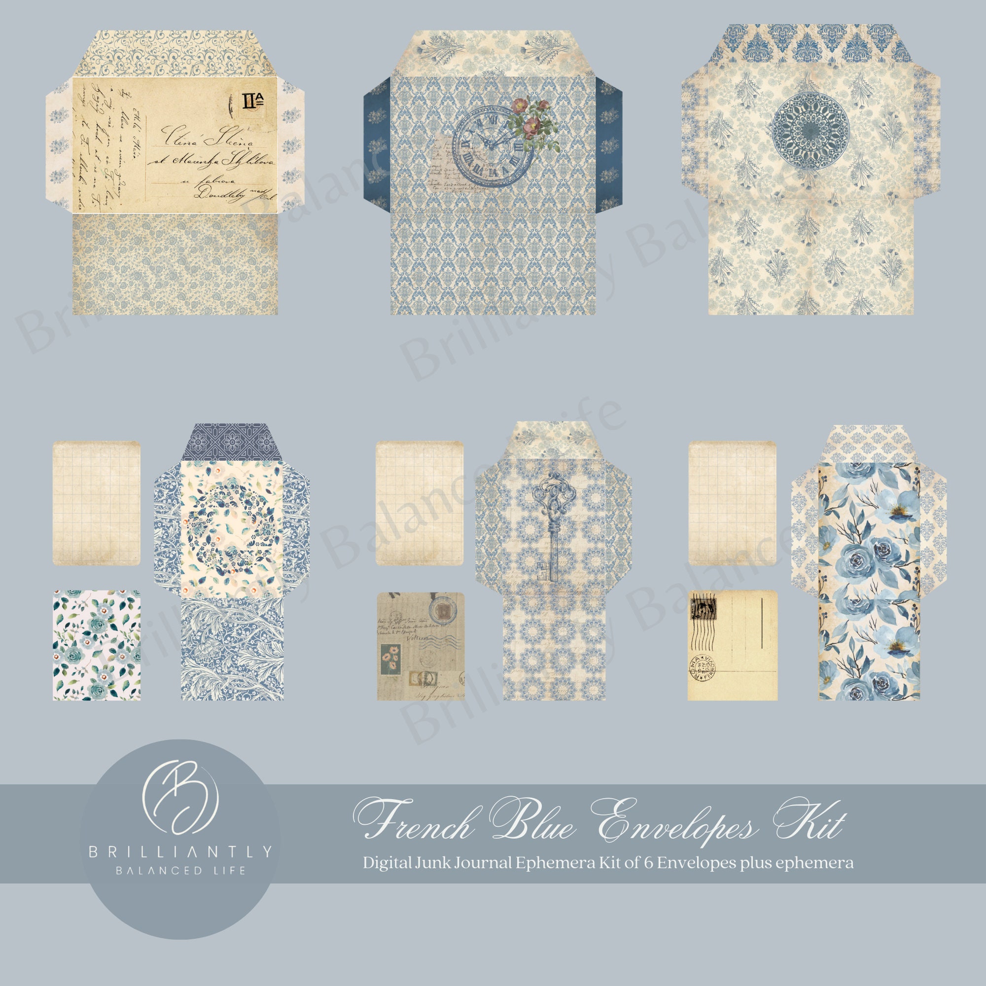 Junk Journal Kit | French Blue Envelopes | Digital Envelope Kit | Junk ...
