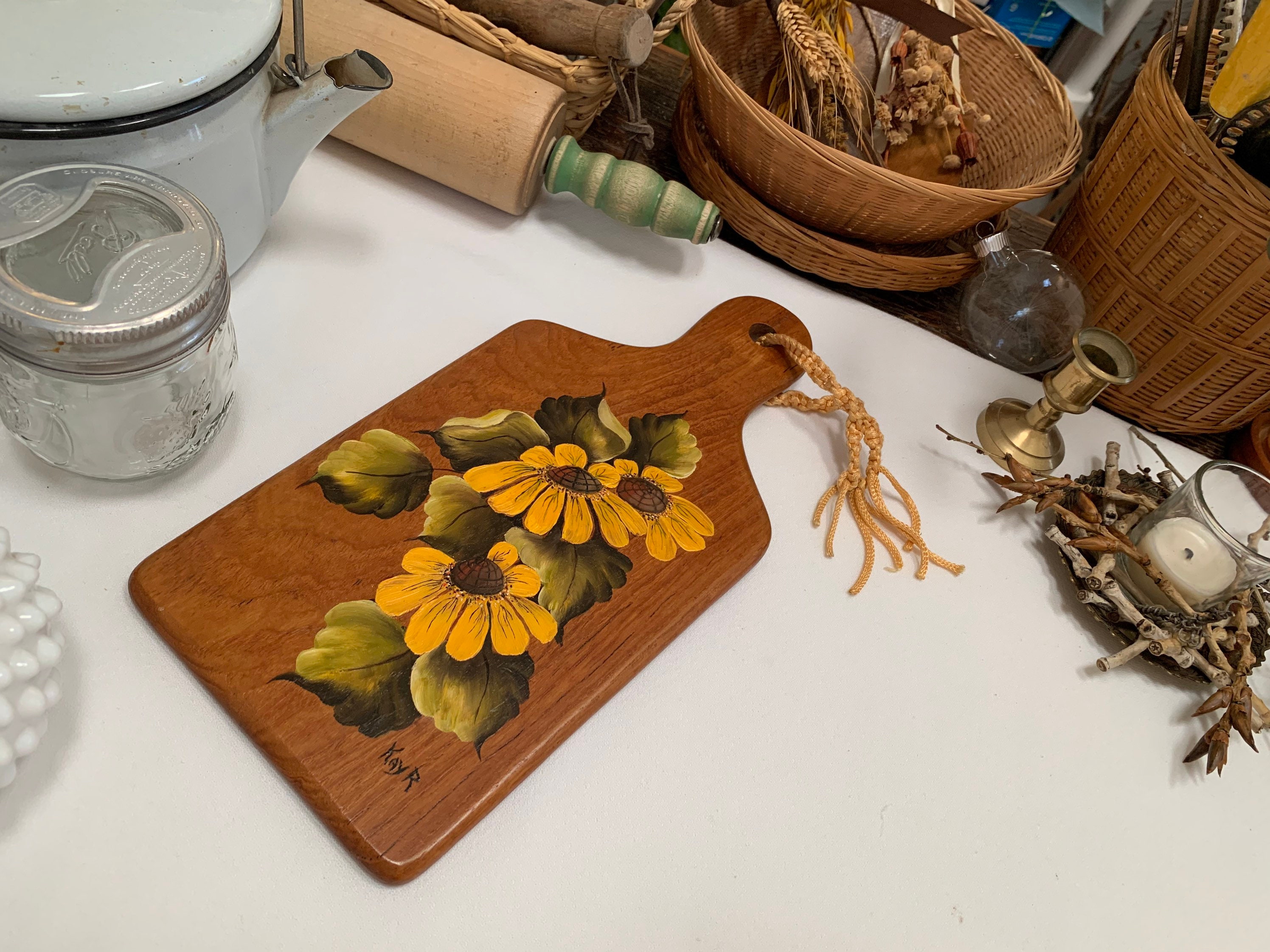 Hand Painted Board With Yellow Painted Flowers Purchased at a Yard Sale ...