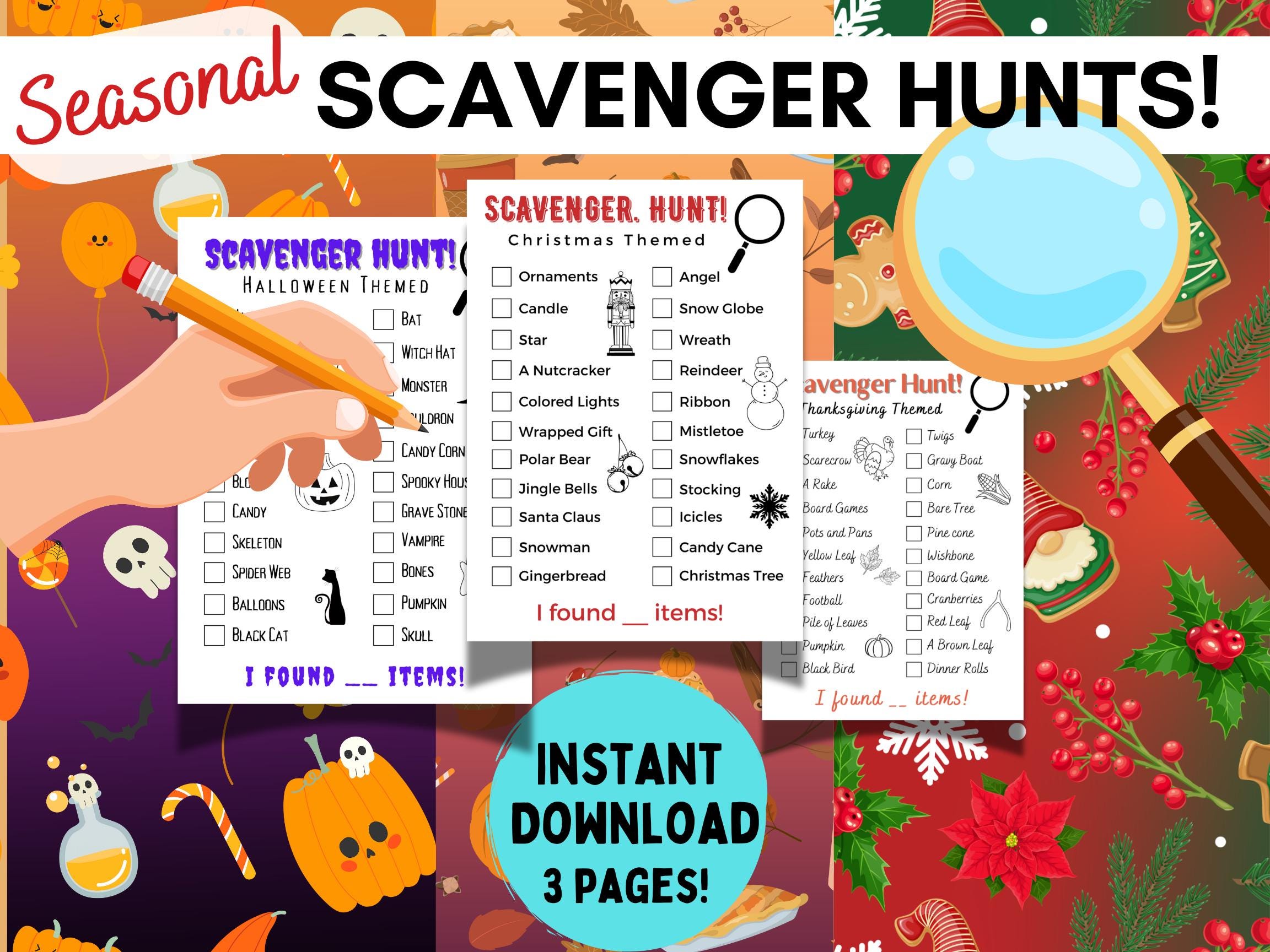 Seasonal Themed Scavenger Hunt Activity, Halloween Games, Christmas Fun ...