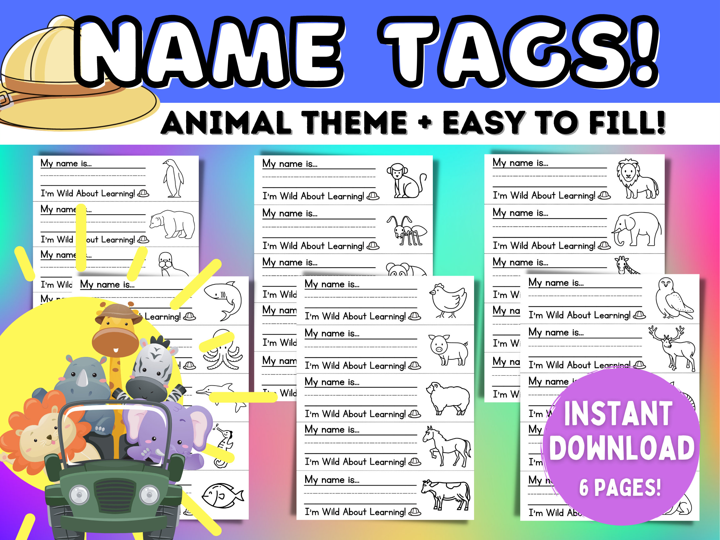 Animal Theme Name Tags, Printable Name Labels, Safari Friends Name Tags ...