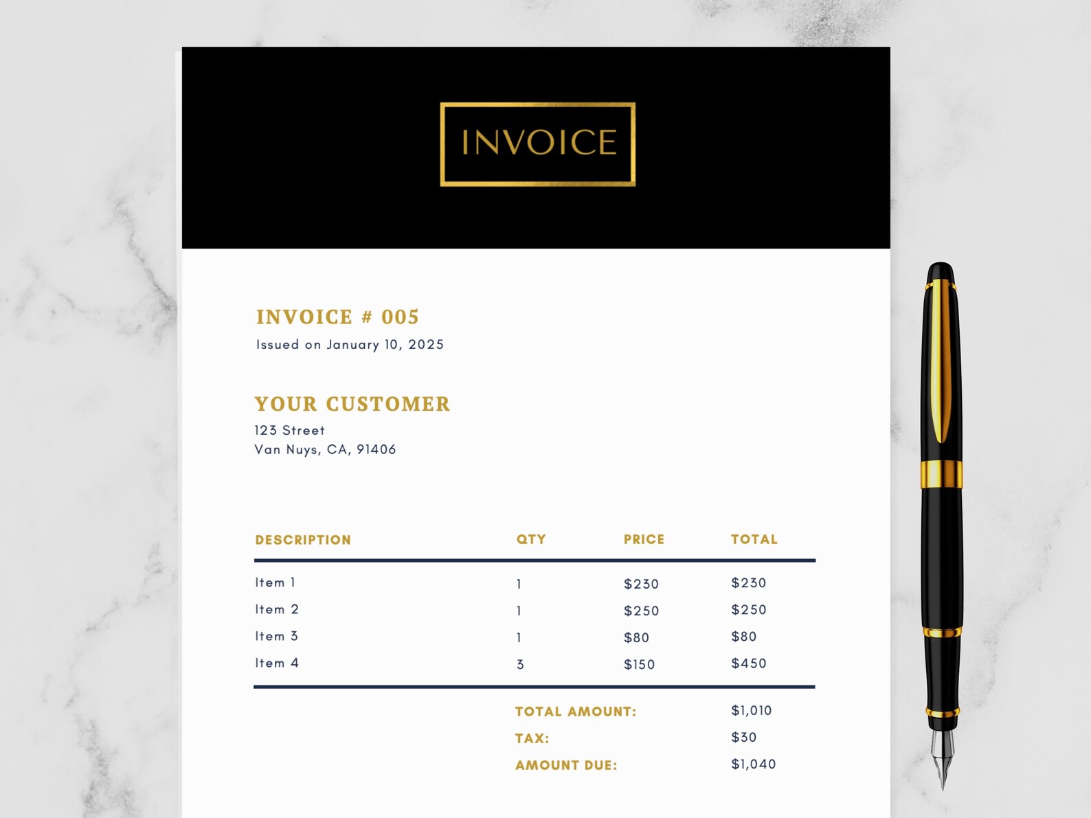 BLACK & GOLD Invoice Template for Small Businesses Professional and ...